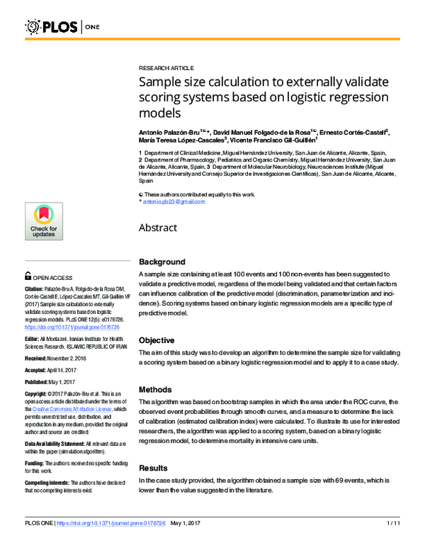 (PDF) Sample size calculation to externally validate scoring systems based on logistic ...