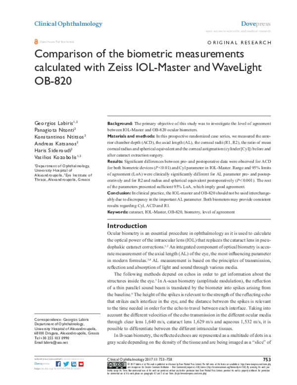 Comparison of the biometric measurements calculated with Zeiss IOL ...
