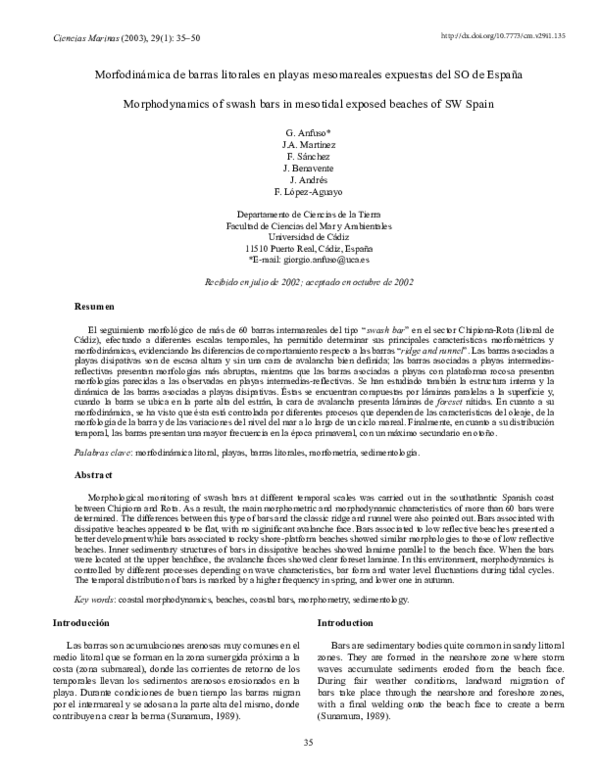 (PDF) Morphodynamics of swash bars in mesotidal exposed beaches of SW Spain