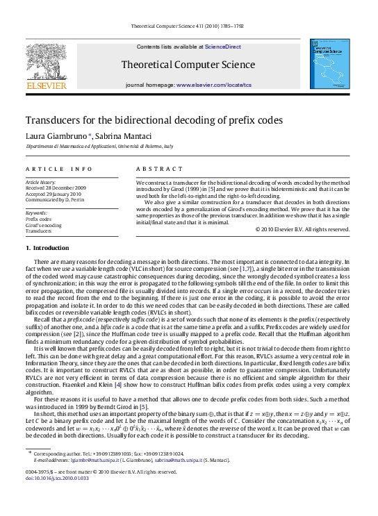 Pdf Transducers For The Bidirectional Decoding Of Prefix Codes