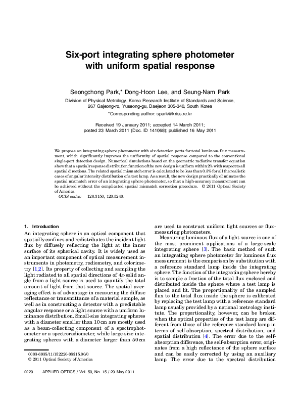 (PDF) Six-port integrating sphere photometer with uniform spatial response