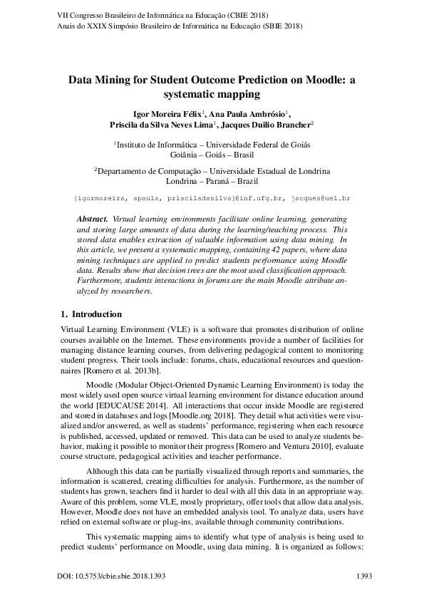 (PDF) Data Mining for Student Outcome Prediction on Moodle: a systematic mapping
