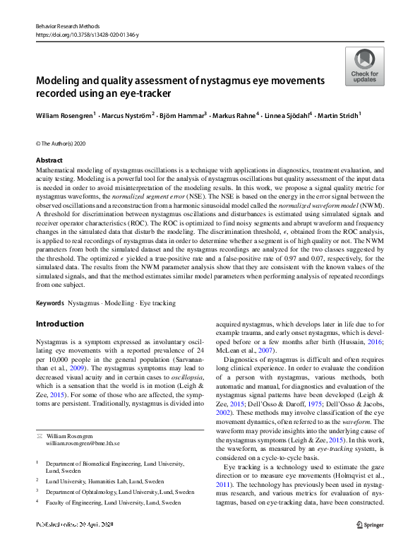 Pdf Modeling And Quality Assessment Of Nystagmus Eye Movements Recorded Using An Eye Tracker