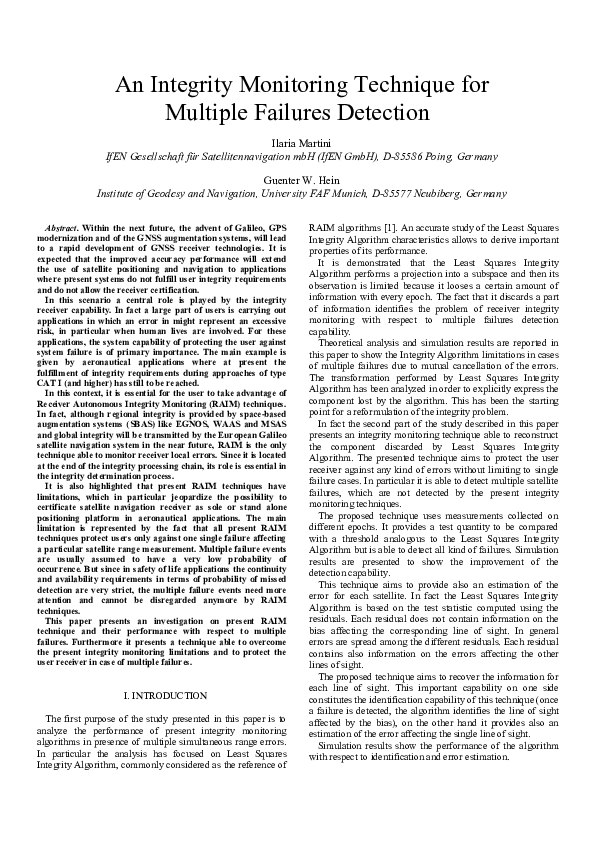 (PDF) An Integrity Monitoring Technique for Multiple Failures Detection
