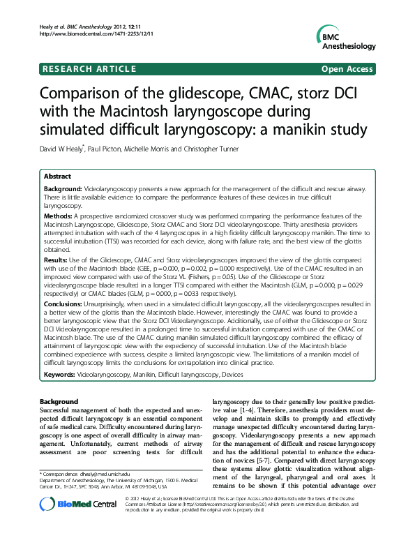 (PDF) Comparison of the glidescope, CMAC, storz DCI with the Macintosh ...