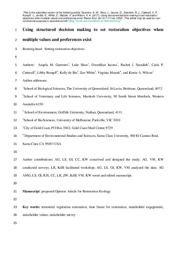 (PDF) Using structured decision-making to set restoration objectives when multiple values and ...