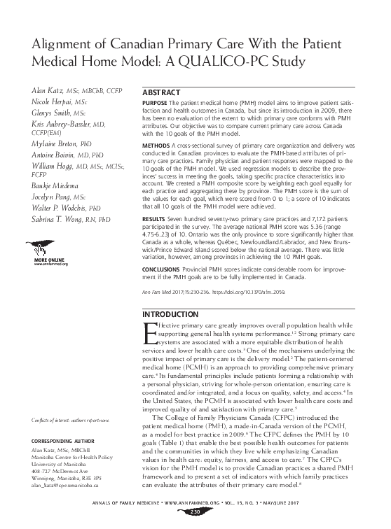(PDF) Alignment of Canadian Primary Care With the Patient Medical Home ...