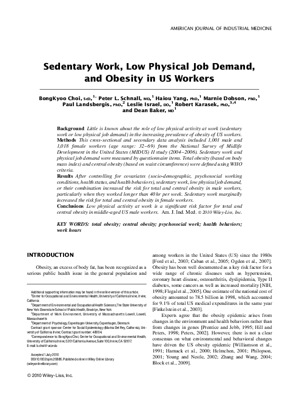 (PDF) Sedentary work, low physical job demand, and obesity in US workers