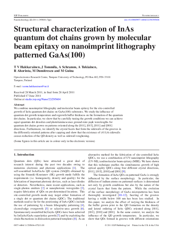 (PDF) Structural characterization of InAs quantum dot chains grown by molecular beam epitaxy on ...