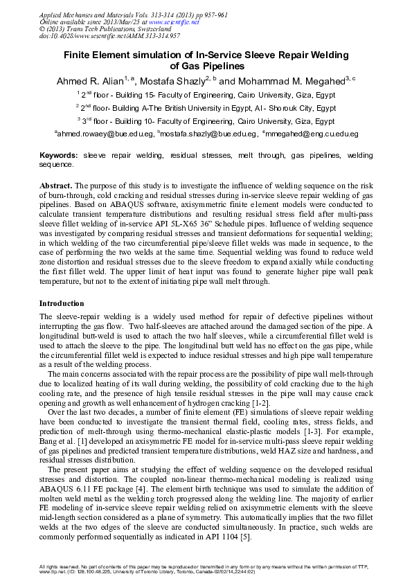 Pdf Finite Element Simulation Of In Service Sleeve Repair Welding Of
