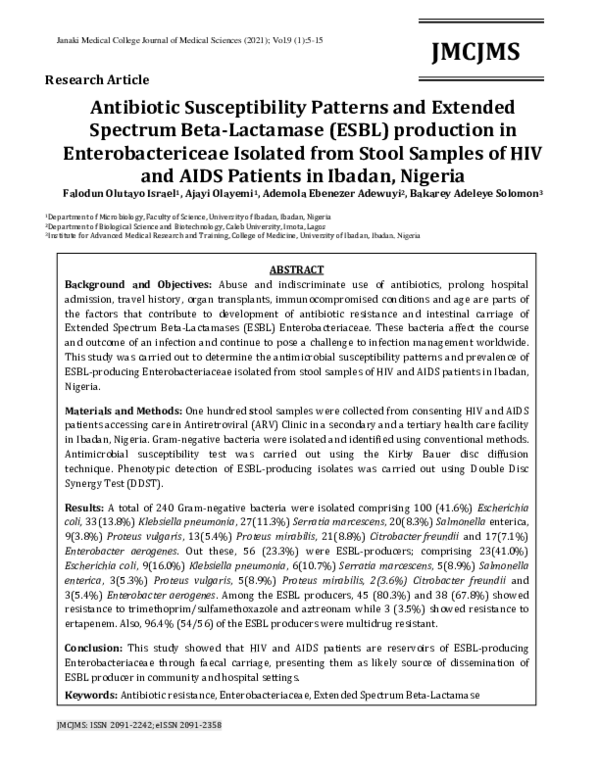 (PDF) Antibiotic Susceptibility Patterns and Extended Spectrum Beta ...