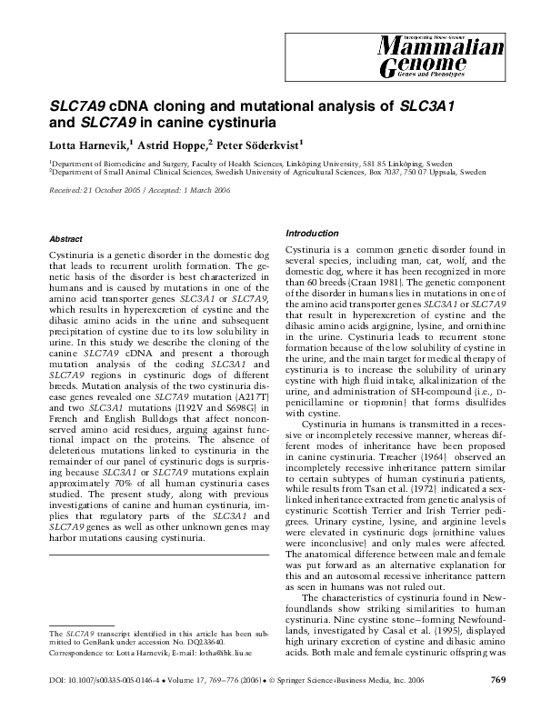 (PDF) SLC7A9 cDNA cloning and mutational analysis of SLC3A1 and SLC7A9 ...