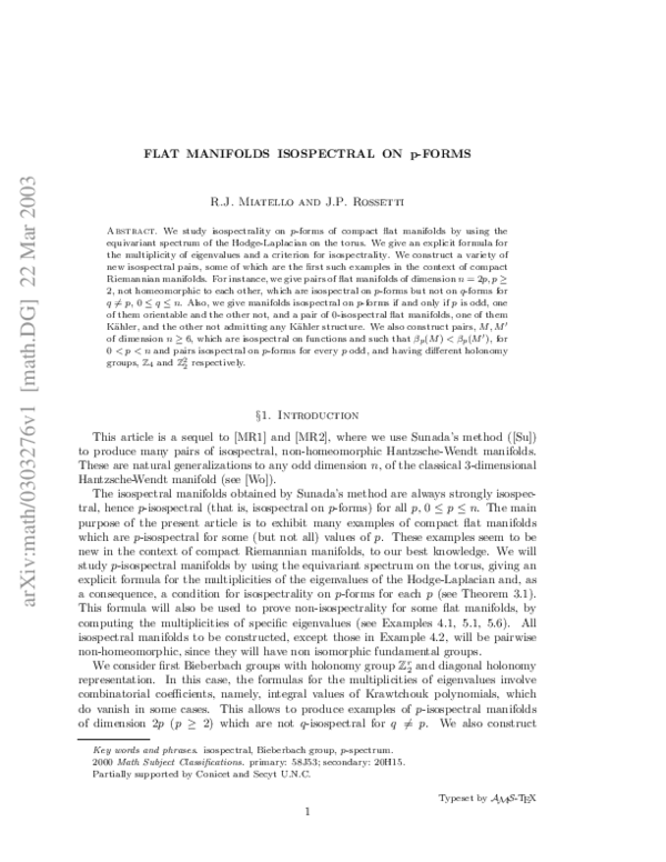 (PDF) Flat manifolds isospectral on p-forms | Roberto Miatello ...