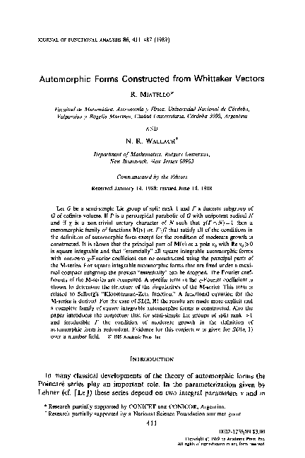 (PDF) Automorphic forms constructed from Whittaker vectors | Roberto ...