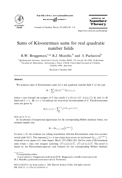 (PDF) Sums of Kloosterman sums for real quadratic number fields