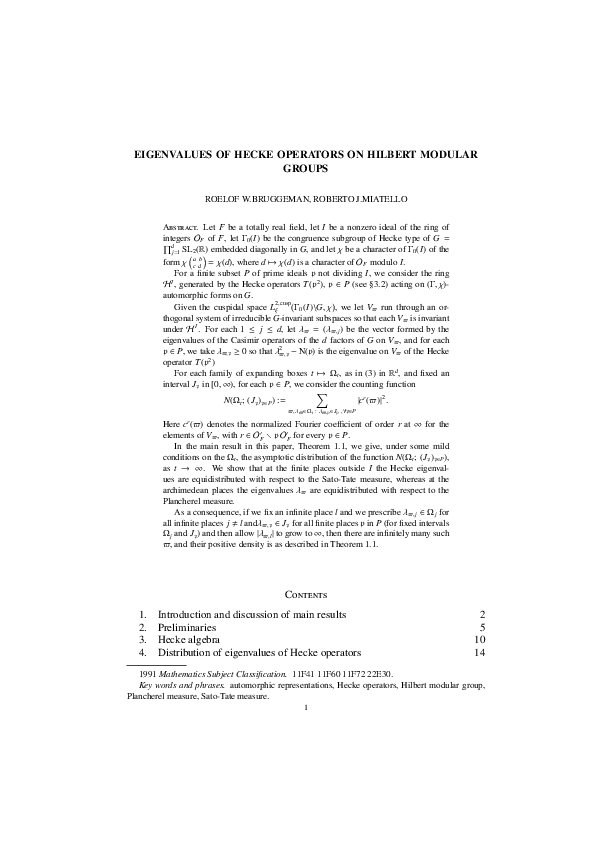 (PDF) Eigenvalues of Hecke operators on Hilbert modular groups