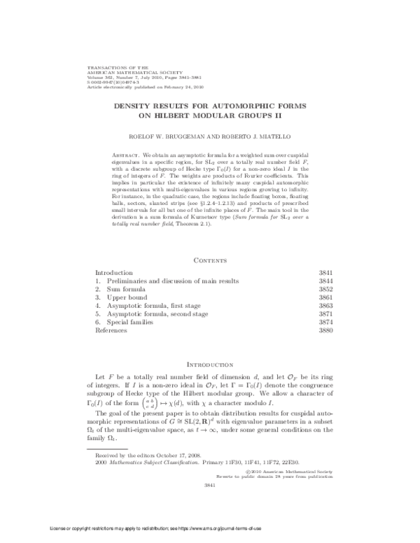 Pdf Density Results For Automorphic Forms On Hilbert Modular Groups Ii Roberto Miatello