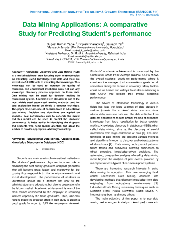 (PDF) Data Mining Applications: A comparative Study for Predicting Student's performance