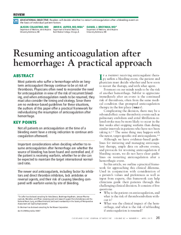 (PDF) Resuming anticoagulation after hemorrhage: A practical approach