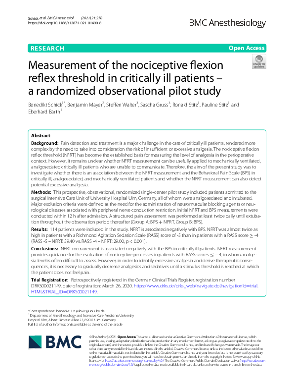 (PDF) Measurement of the nociceptive flexion reflex threshold in critically ill patients – a ...