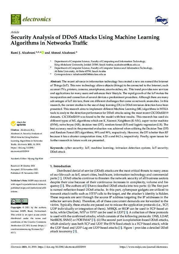 Pdf Security Analysis Of Ddos Attacks Using Machine Learning Algorithms In Networks Traffic