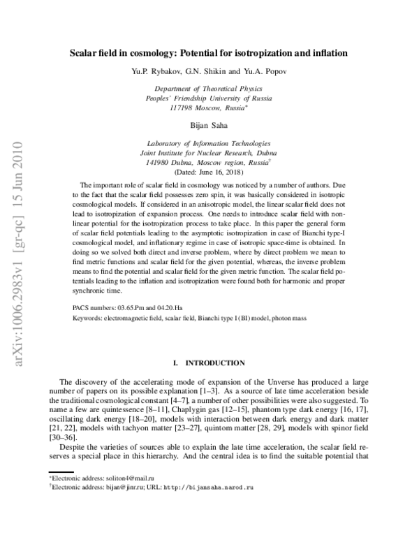(PDF) Scalar Field in Cosmology: Potential for Isotropization and Inflation