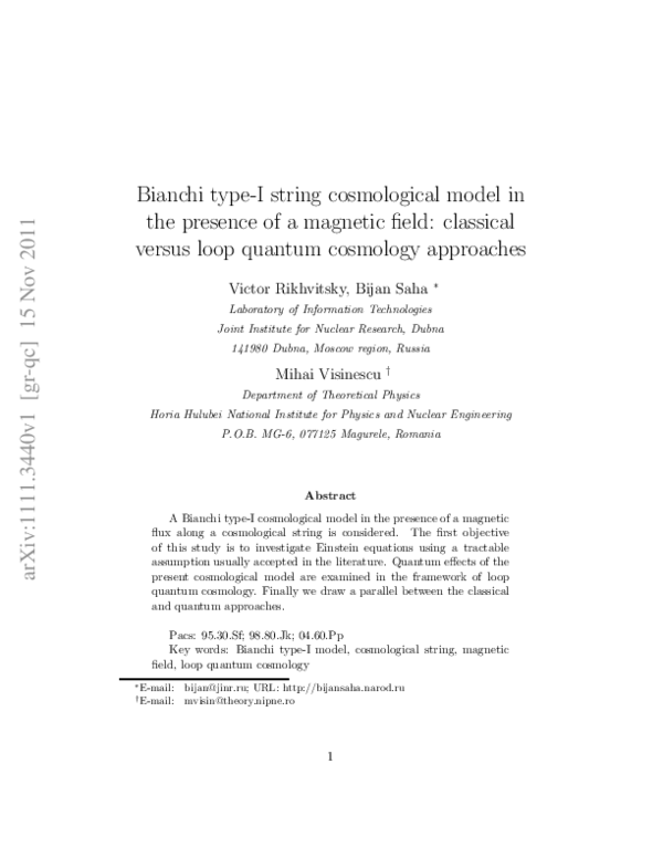 (PDF) Bianchi type-I string cosmological model in the presence of a magnetic field: classical ...
