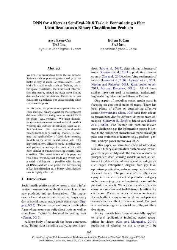 Pdf Rnn For Affects At Semeval 2018 Task 1 Formulating Affect Identification As A Binary