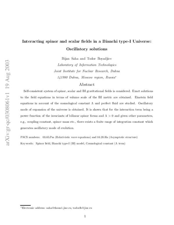 (PDF) Interacting spinor and scalar fields in a Bianchi type I universe: Oscillatory solutions