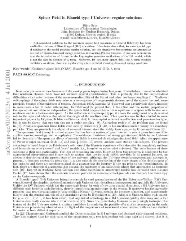 (PDF) Spinor field in a Bianchi type-I universe: Regular solutions