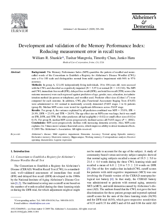 (PDF) Development and validation of the Memory Performance Index ...