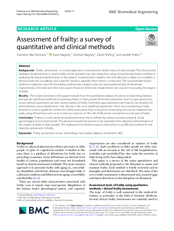 (PDF) Assessment of frailty: a survey of quantitative and clinical methods