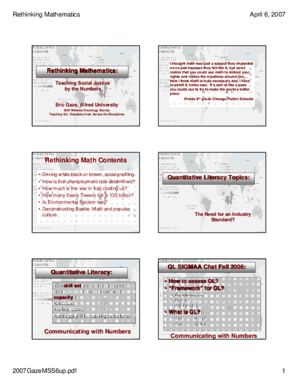 (PDF) Rethinking mathematics: Teaching social justice by the numbers