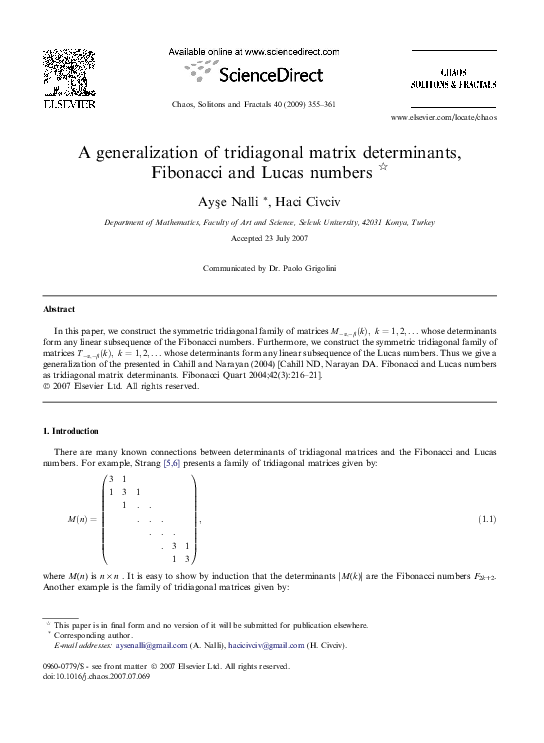 Pdf A Generalization Of Tridiagonal Matrix Determinants Fibonacci And Lucas Numbers