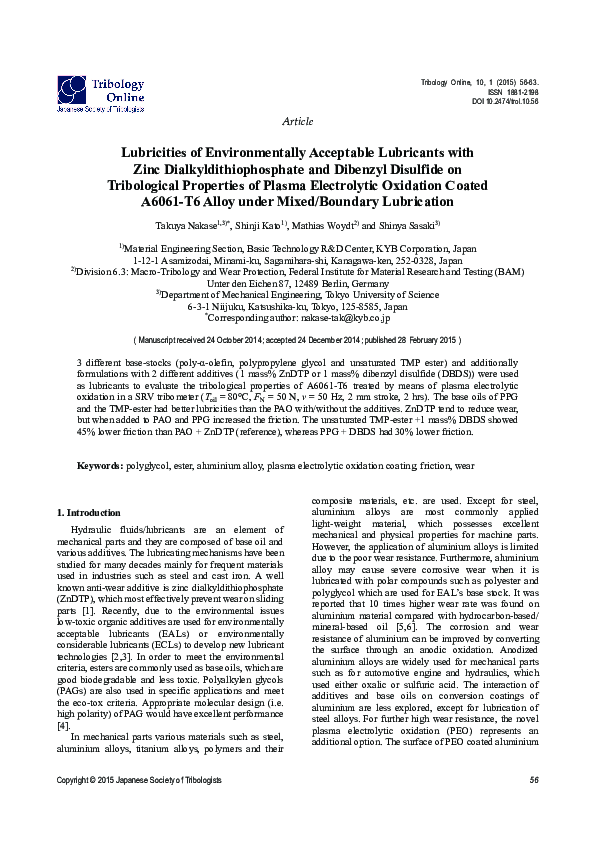 (PDF) Lubricities of Environmentally Acceptable Lubricants with Zinc ...