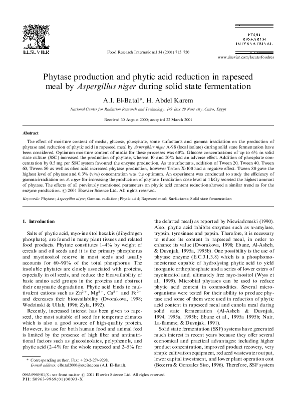 (PDF) Phytase production and phytic acid reduction in rapeseed meal by Aspergillus niger during ...
