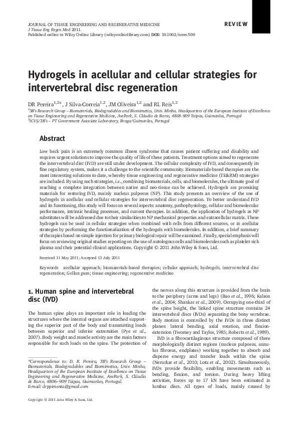 (PDF) Hydrogels in acellular and cellular strategies for intervertebral ...