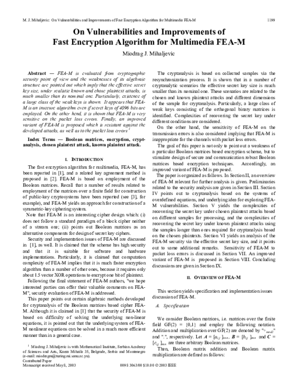 Pdf On Vulnerabilities And Improvements Of Fast Encryption Algorithm