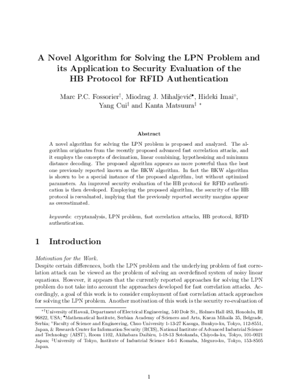 (PDF) A Novel Algorithm for Solving the LPN Problem and its Application to Security Evaluation ...