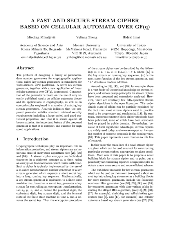 Pdf A Fast And Secure Stream Cipher Based On Cellular Automata Over Gfq