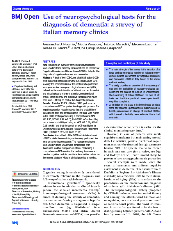 (PDF) Use of neuropsychological tests for the diagnosis of dementia: a ...
