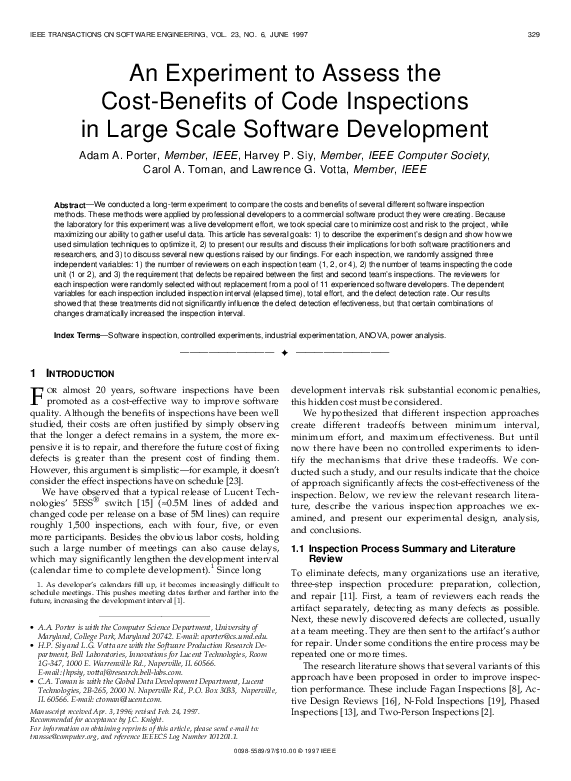 (PDF) An experiment to assess the cost-benefits of code inspections in ...