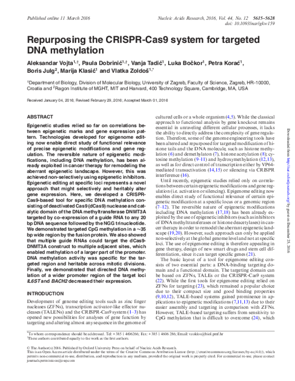 (PDF) Repurposing the CRISPR-Cas9 system for targeted DNA methylation