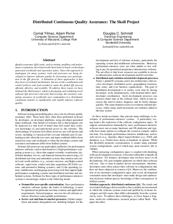 (PDF) Distributed Continuous Quality Assurance: The Skoll Project (PDF) Distributed Continuous Quality Assurance: The Skoll Project