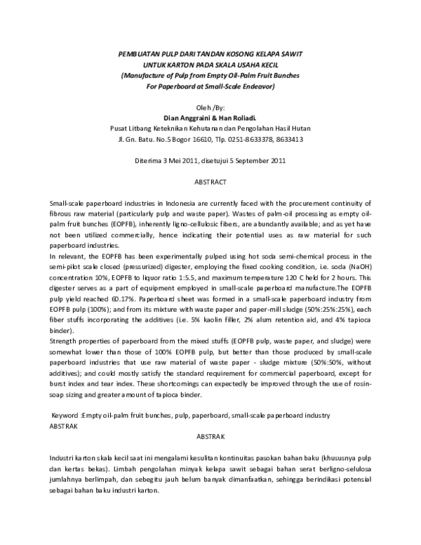 Pdf Pembuatan Pulp Dari Tandan Kosong Kelapa Sawit Dengan Metode