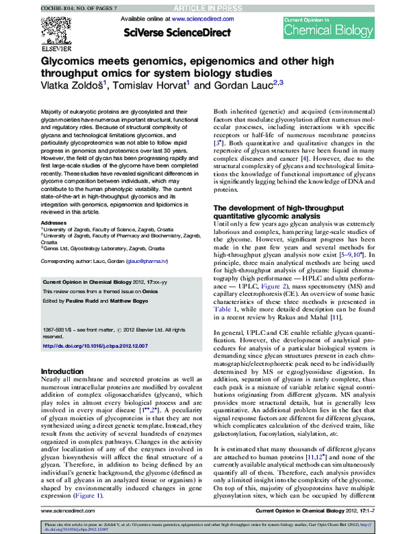 (PDF) Glycomics meets genomics, epigenomics and other high throughput omics for system biology ...