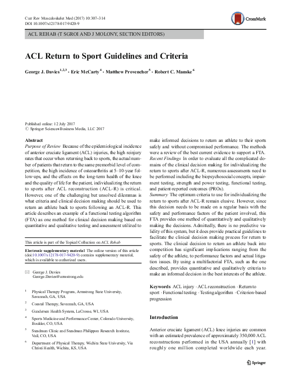 (PDF) ACL Return to Sport Guidelines and Criteria