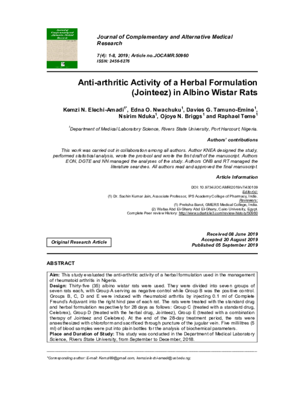 (PDF) Anti-arthritic Activity of a Herbal Formulation (Jointeez) in ...
