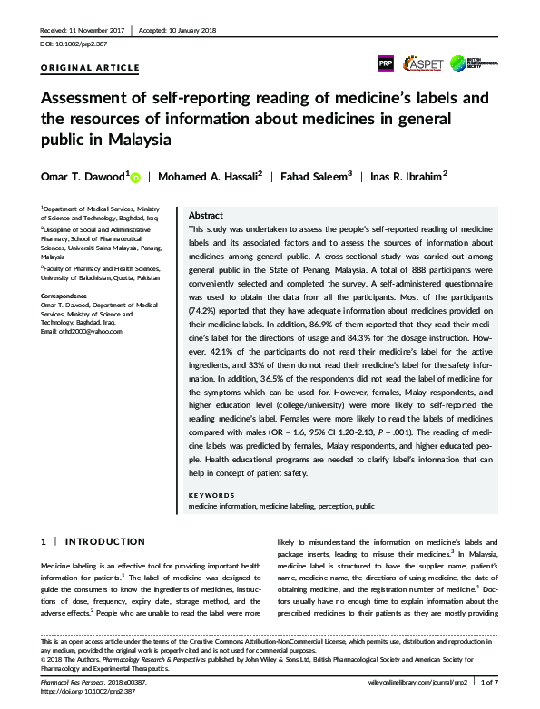 (PDF) Assessment of self-reporting reading of medicine's labels and the ...
