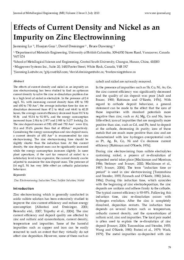 (PDF) Effects of Current Density and Nickel as an Impurity on Zinc